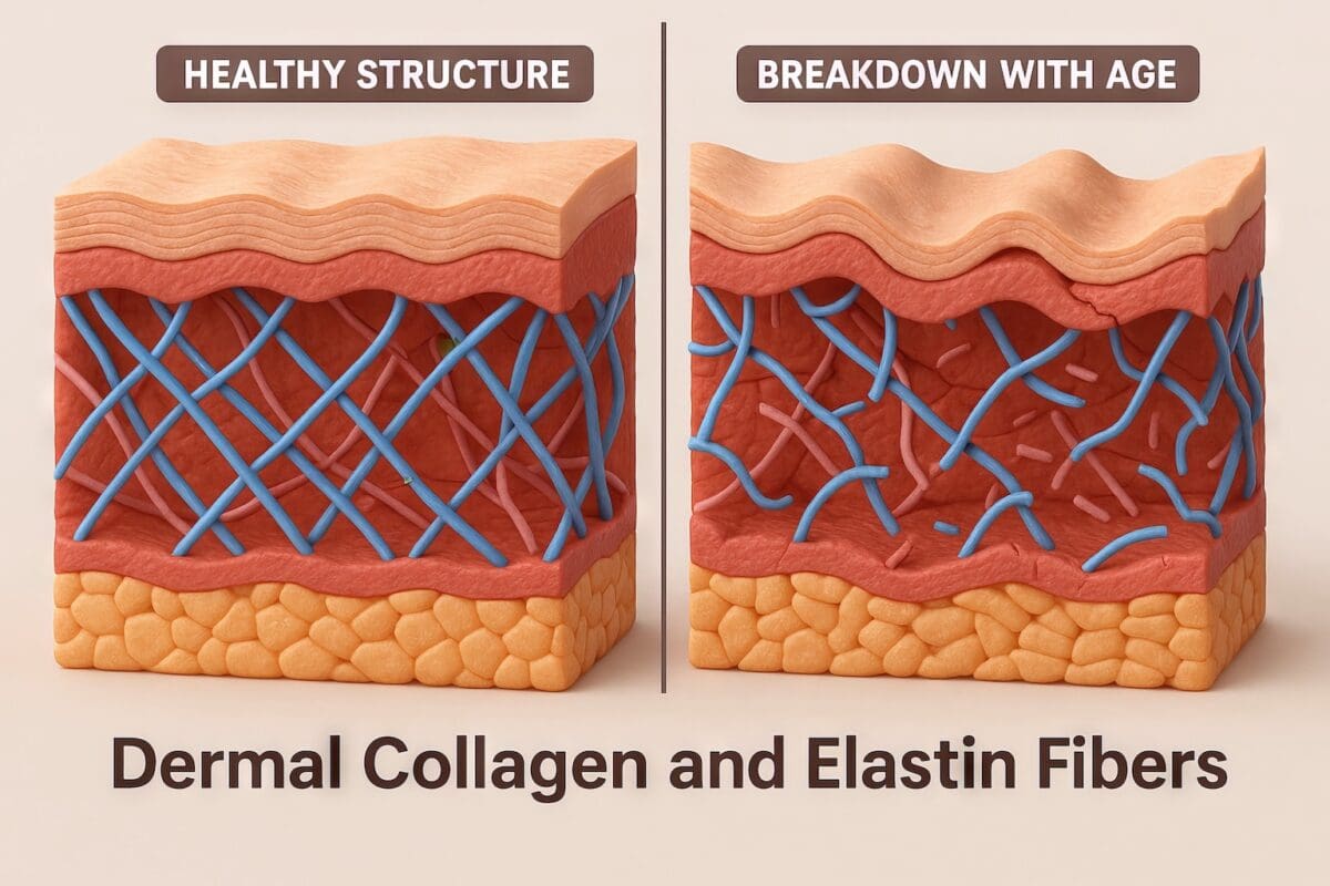 Dermal collagen and elastin fibers, comparison of healthy and aged skin ...