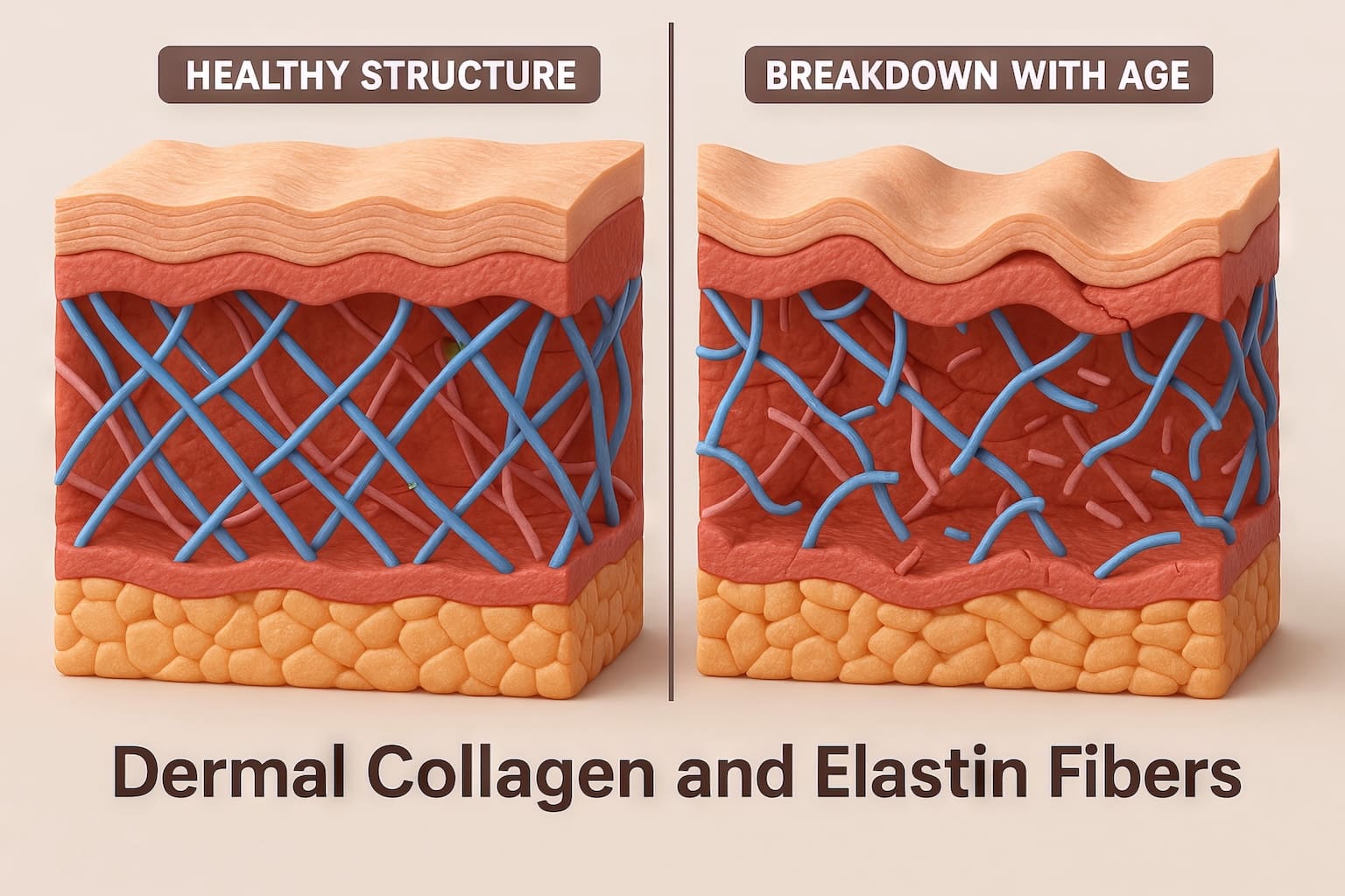 Dermal collagen and elastin fibers, comparison of healthy and aged skin ...